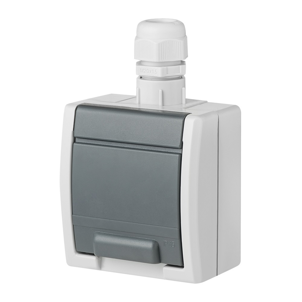 Zásuvka 2P+PE FAM ATLAS IP65 s M20, na povrch, šedá